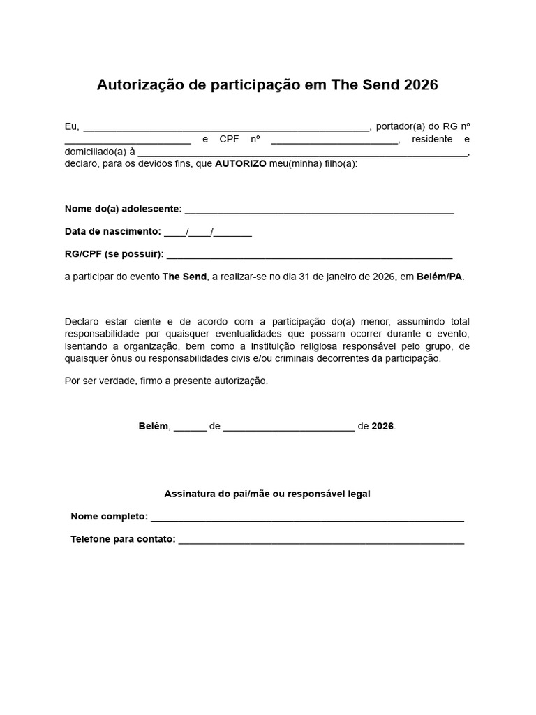Autorização de Participação em The Send 2026 | PDF