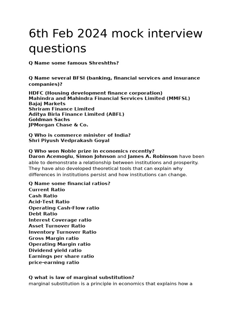 6th Feb 2024 Mock Interview Questions | PDF