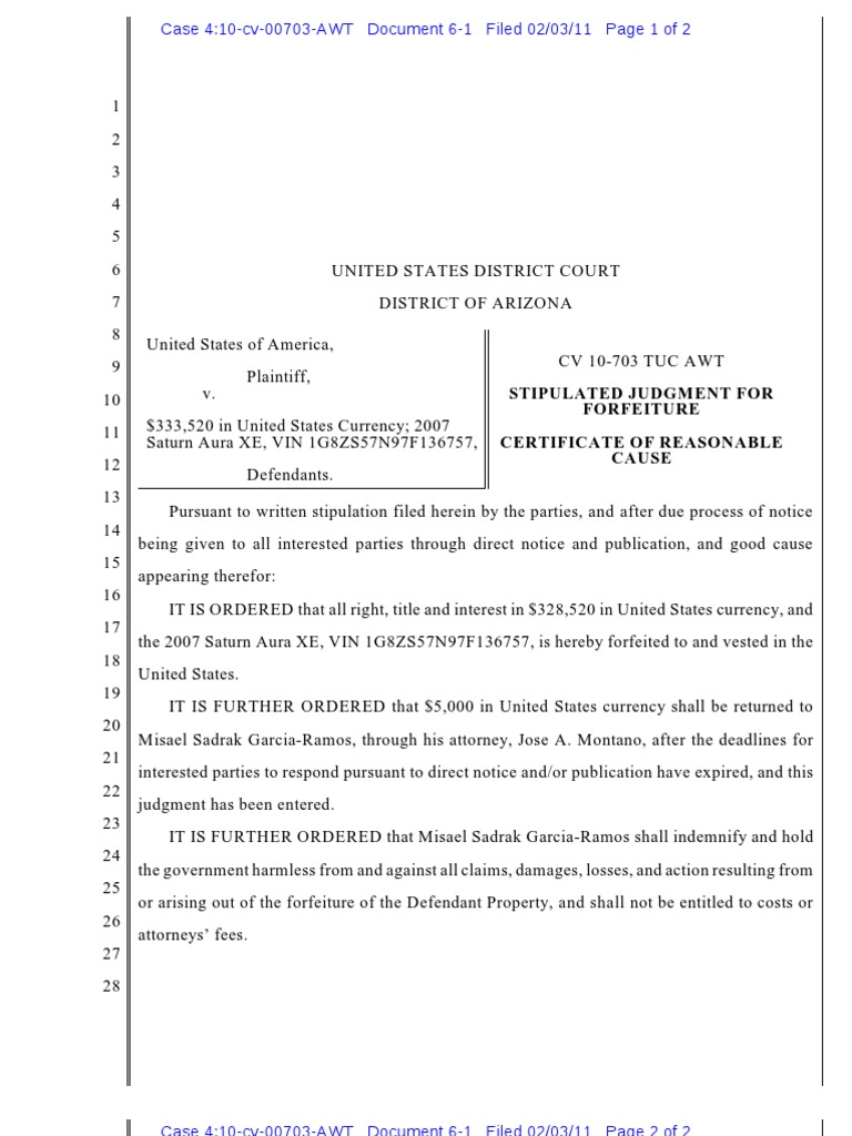 Proposed Order Stipulated Judgment for Forfeiture | Asset Forfeiture ...