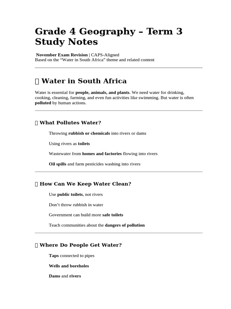 Grade 4 Geography - Term 3 Study Notes | PDF | Water | River
