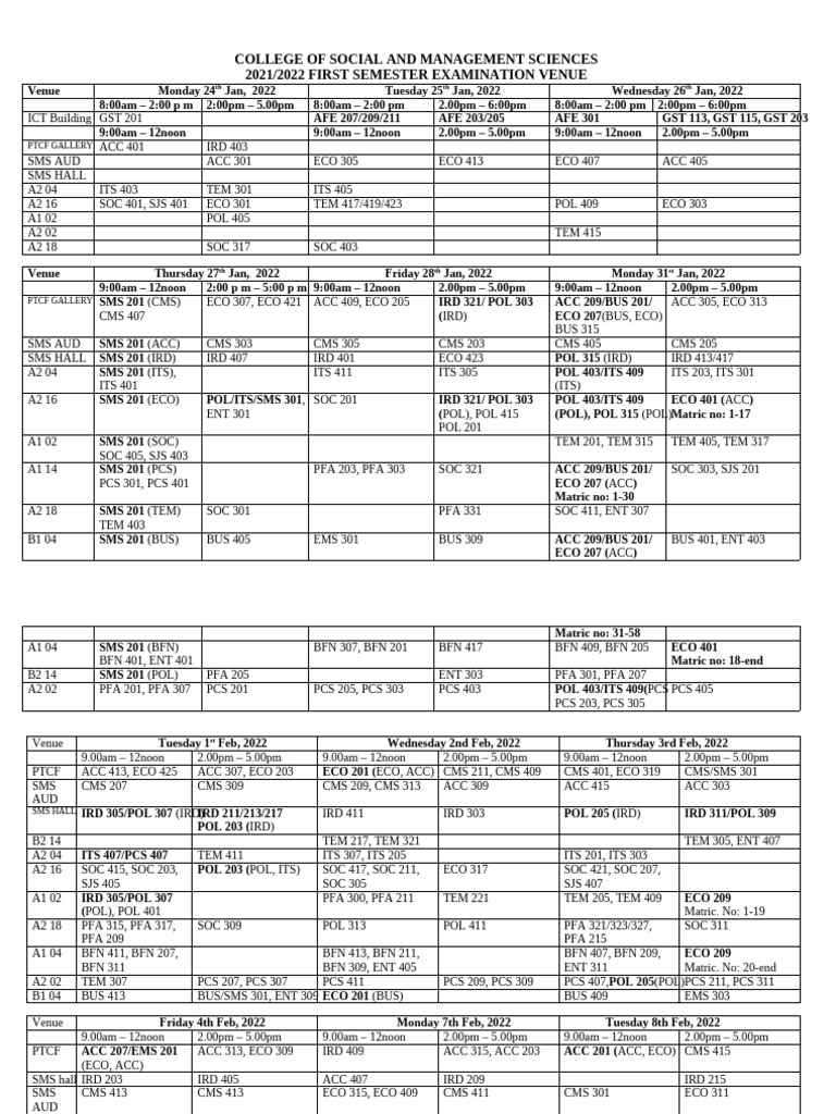 20212022 First Semester Examination Venue and Invigilation | PDF