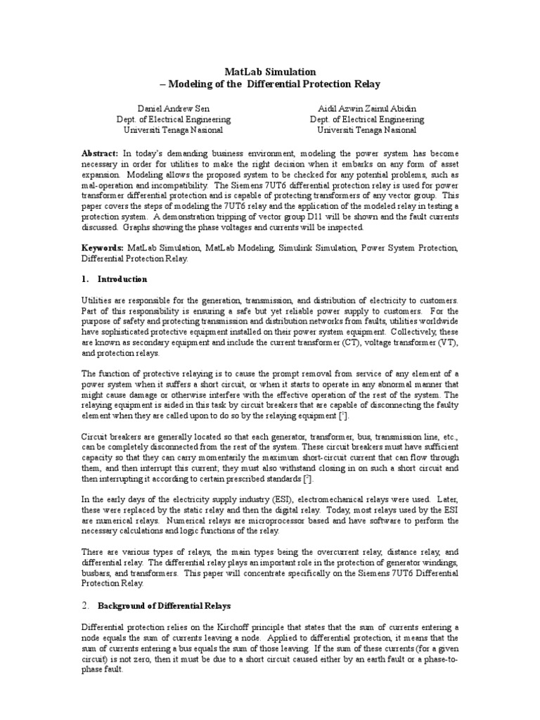 MatLab Modelling of Differential Protection Relay | PDF