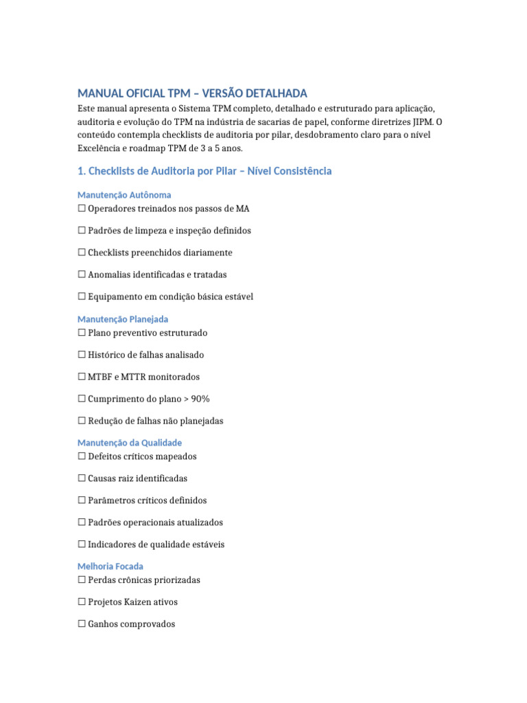 Manual TPM Detalhado Checklist Roadmap Excelencia | PDF | Automação
