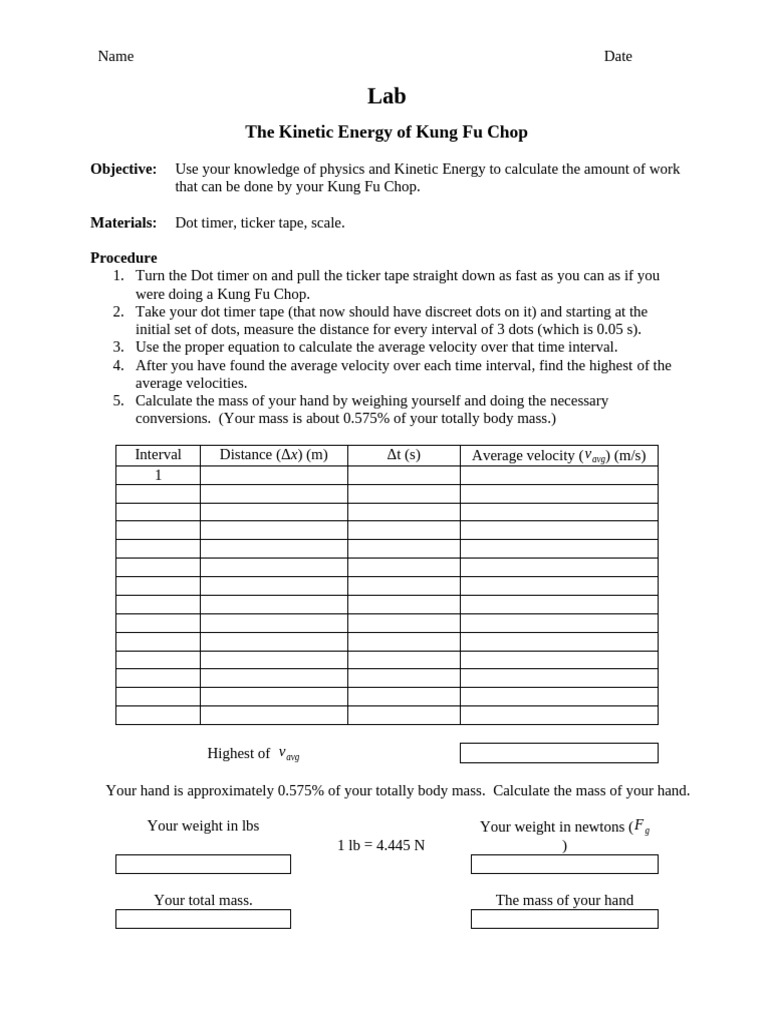 Lab 9 - KE of Hand (14-15) | PDF | Velocity | Mass