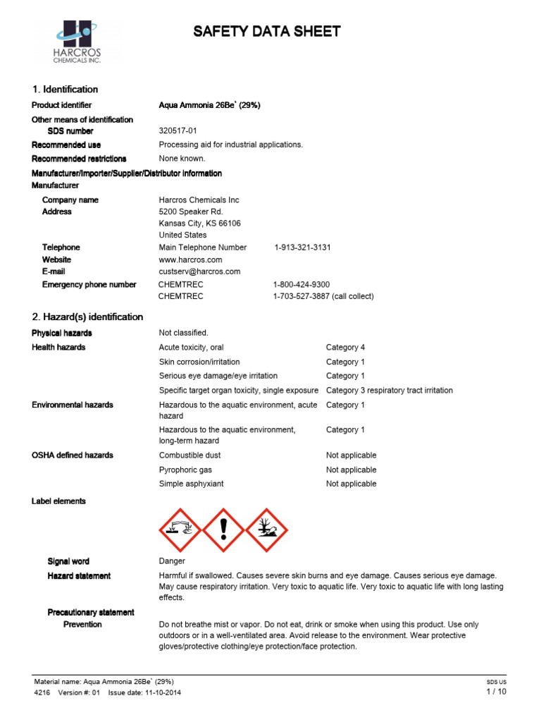 SDS Ammonia Ammonia TRCC 2024 en | PDF | Toxicity | Dangerous Goods