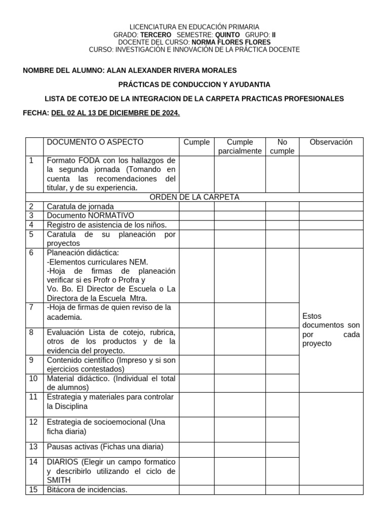 Lista de Cotejo de La Tercera Jornada de Practicas Profesionales Del 2 ...