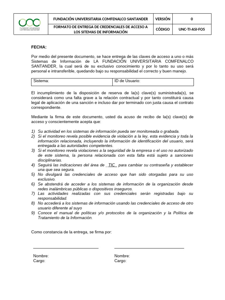 Unc Ti Asi Fo5 Formato de Entrega de Credenciales de Acceso a Los ...