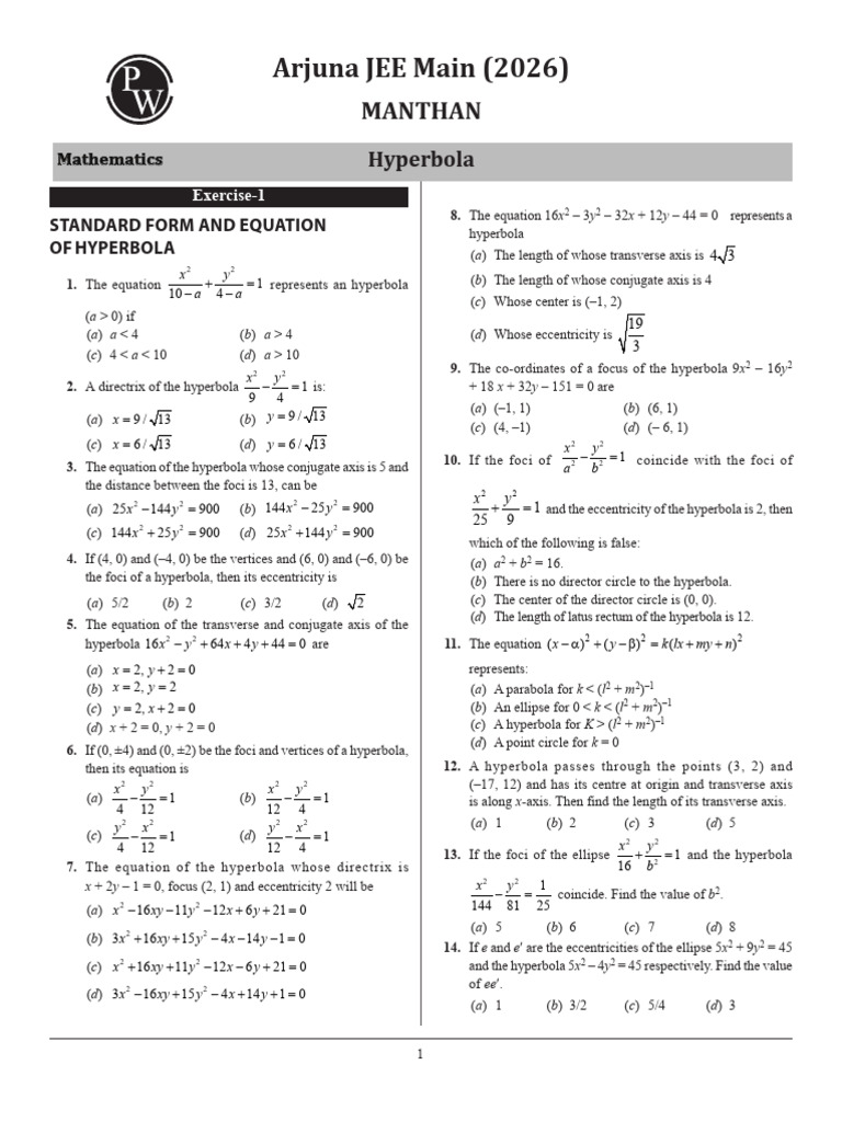Hyperbola Practice Sheet | PDF | Ellipse | Geometric Shapes