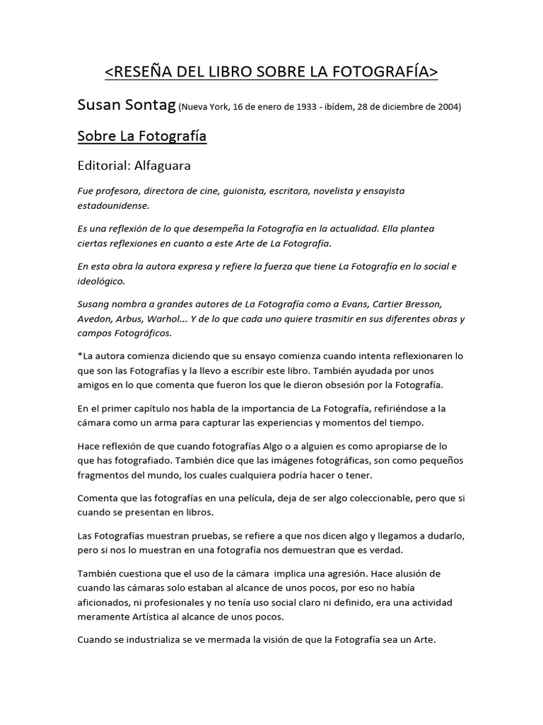 Reseña de Libro Sobre La Fotografia Susang Sontag | PDF