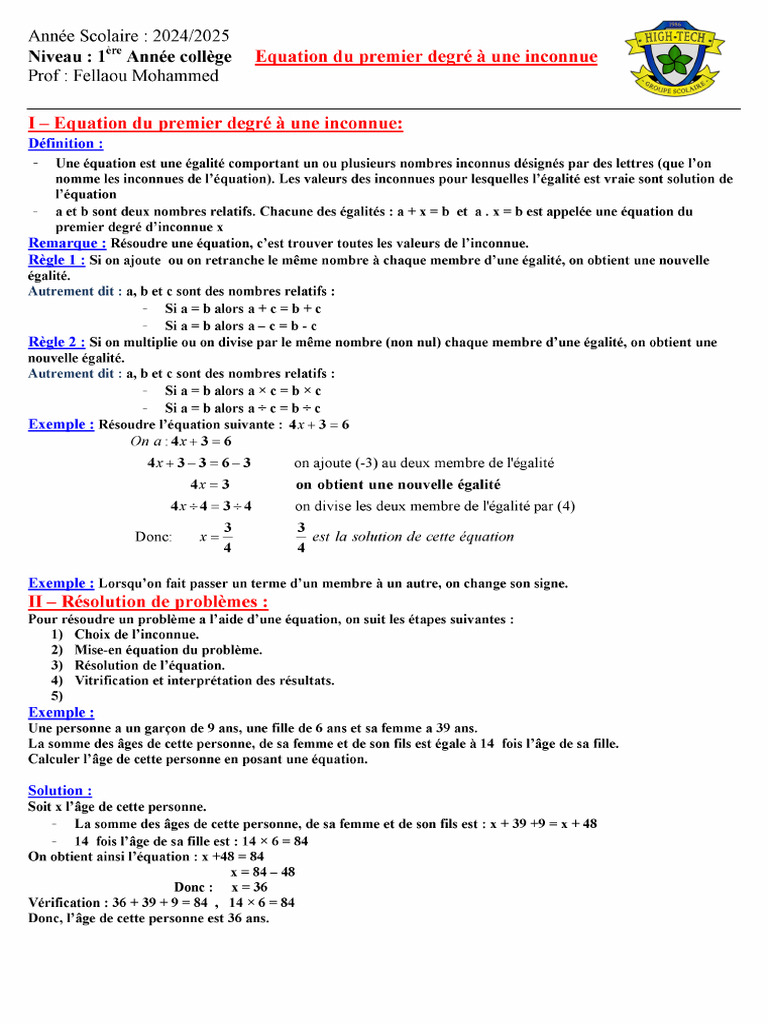 10 - Equation Du Premier Degré à Une Inconnue | PDF