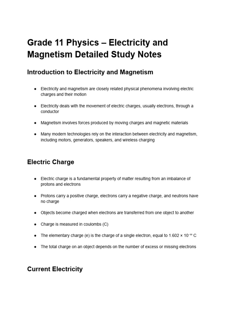 Electricity and Magnetism Detailed Study Notes | PDF | Electromagnetic ...