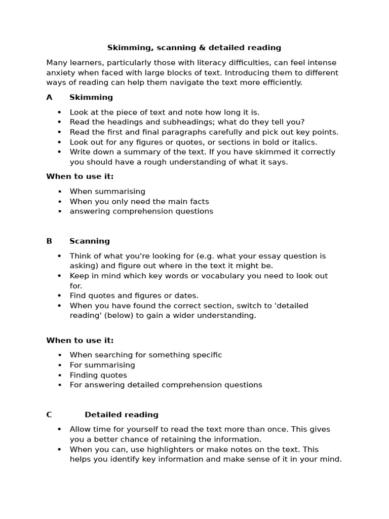 Skimming Scanning Detailed Reading | PDF