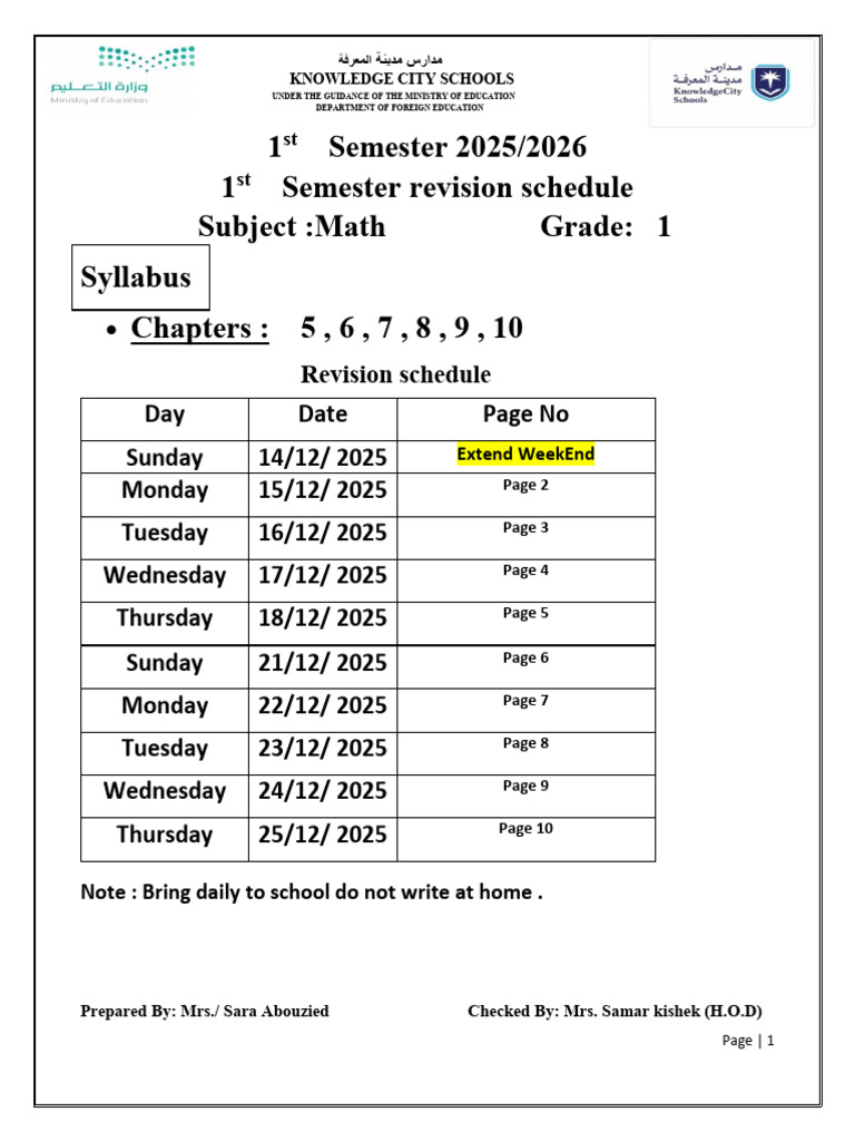 Math g1 - 1st Semester Worksheet Revision 2025-2026 | PDF