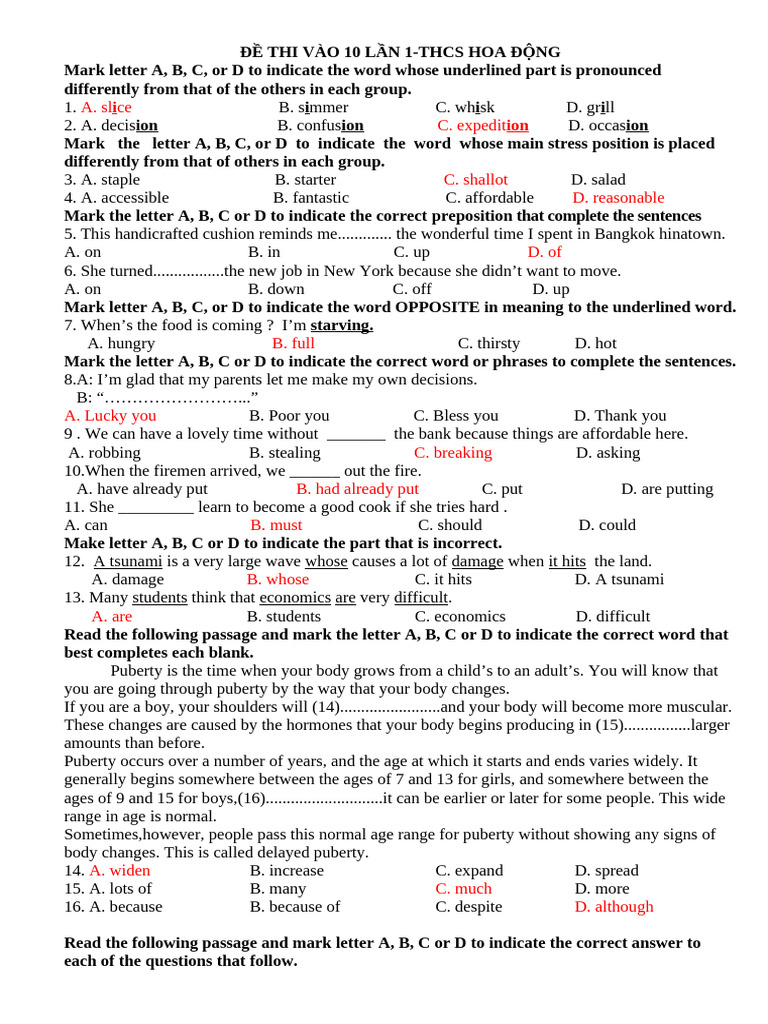 Đề Vào 10 Lần 1 - THCS Hoa Động | PDF | English Language