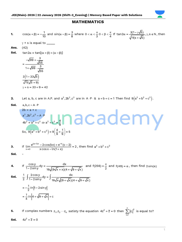 Mathematics JM Shift-2 22-01-2026 FC | PDF