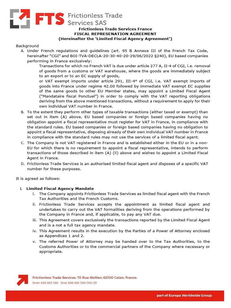 FTS FR Fiscal Representation Agreement - Final | PDF | Customs | Value ...
