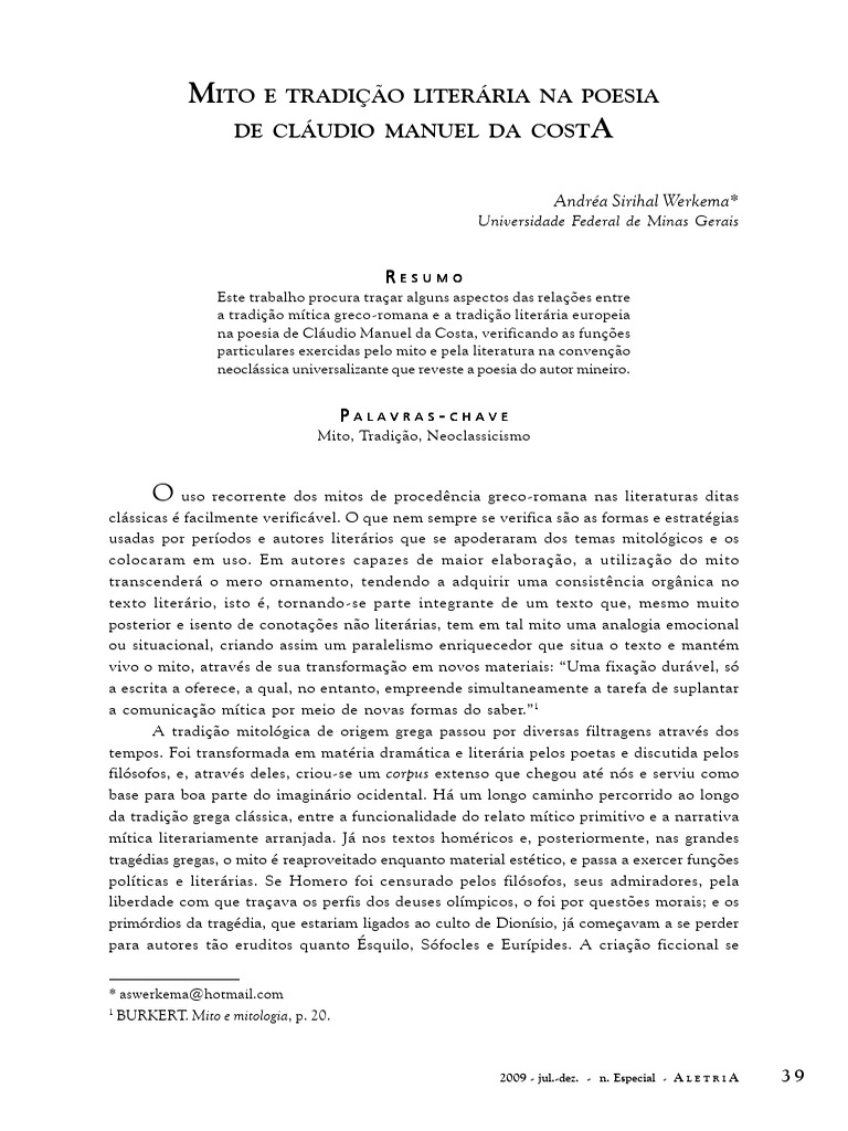 Mito e Tradição Literária Em Cláudio Manuel Da Costa | PDF