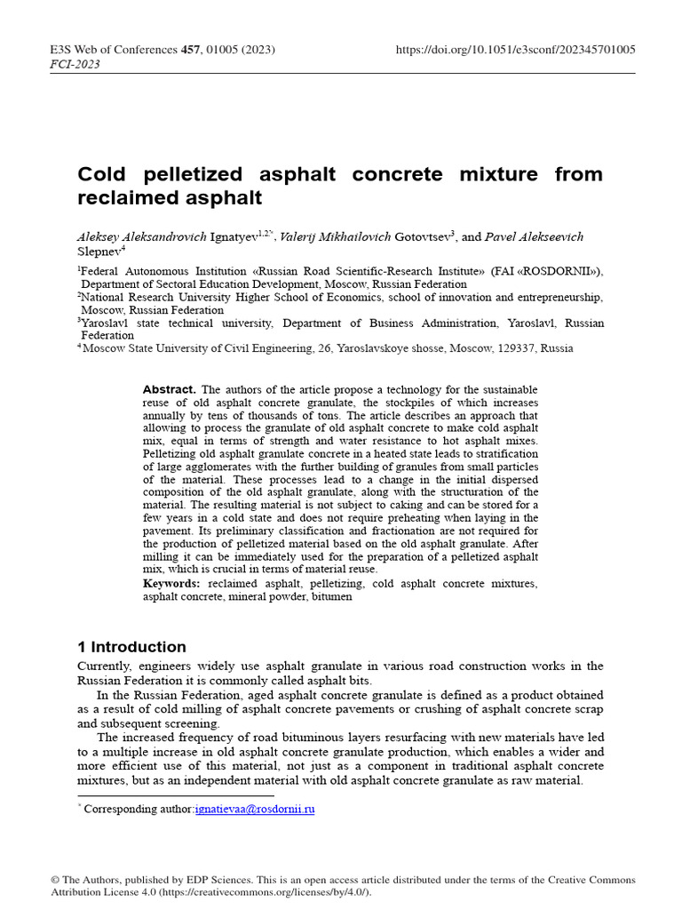 Cold pelletized asphalt concrete mixture from reclaimed asphalt | PDF ...