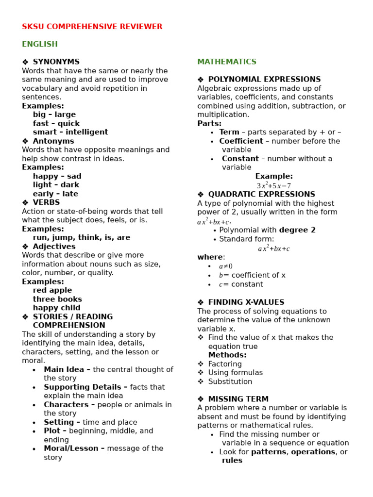 Sksu Comprehensive Reviewer | PDF | Polynomial | Equations