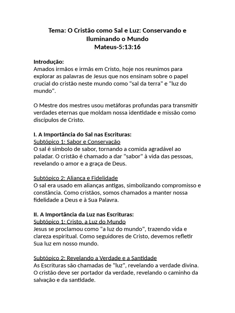 O Cristão Como Sal e Luz - Conservando e Iluminando o Mundo | PDF