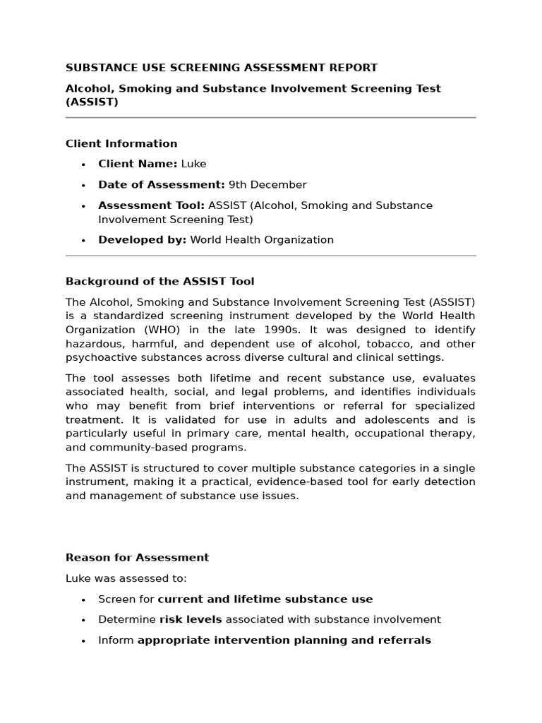 Substance Use Screening Assessment Report Luke | PDF | Substance Use ...