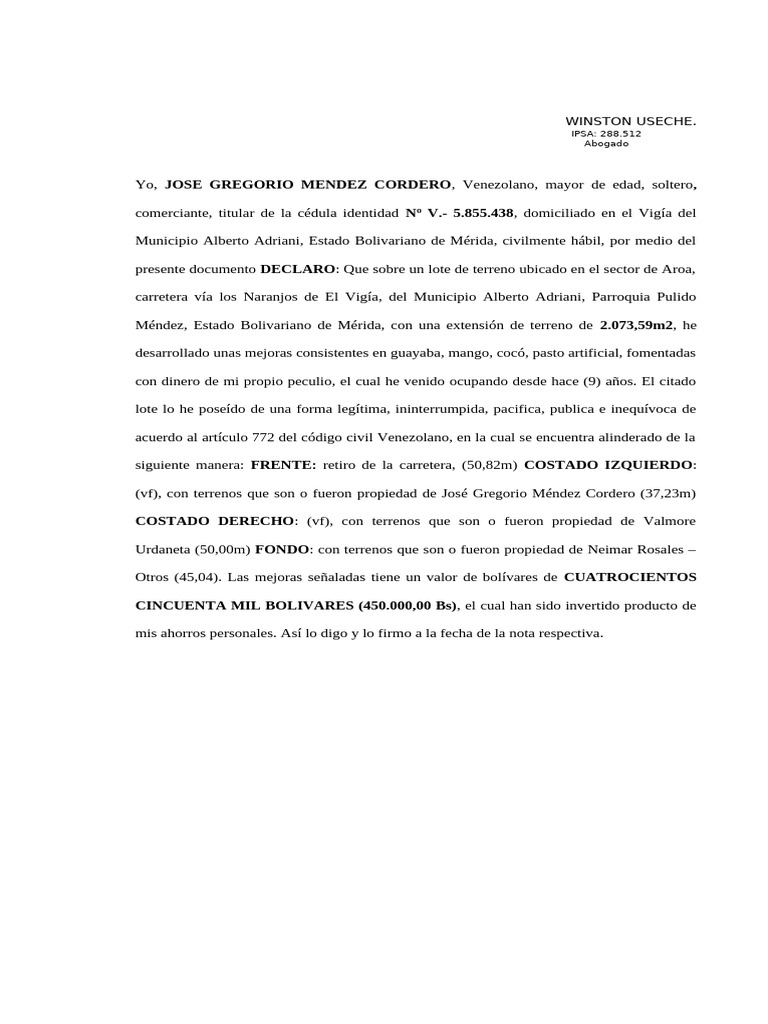 Terreno Mendez Cordero (Aroa) Corregido 26 de Agosto | PDF