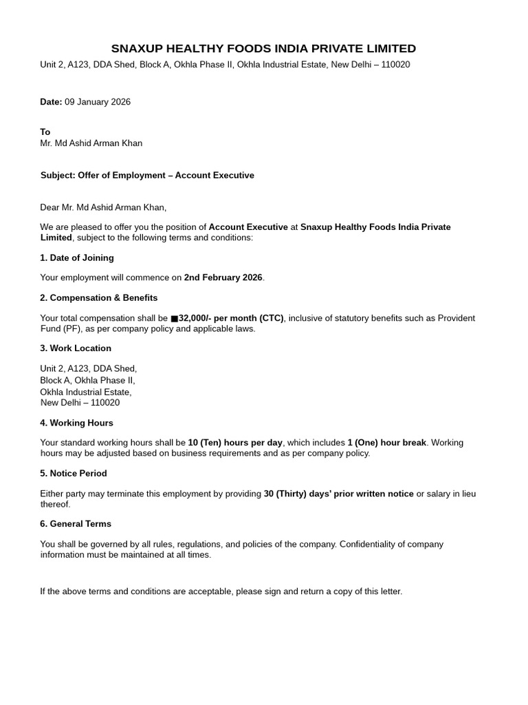 Offer Letter HR Style Md Ashid Arman Khan v3-1 | PDF