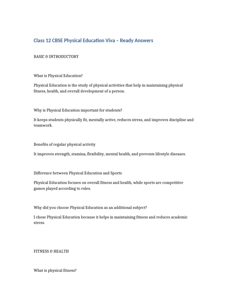 Physical Education Viva Answers Class 12 | PDF | Physical Fitness ...