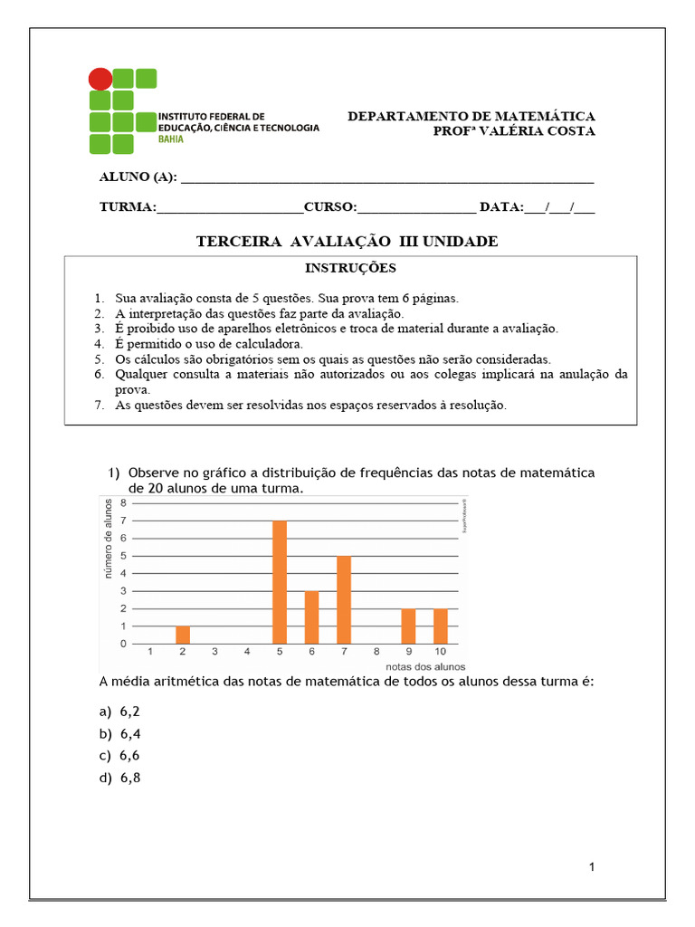 Terceira AvaliaÃ§Ã£o III Unidade T2822_2025 (EstatÃ_stica) | PDF ...