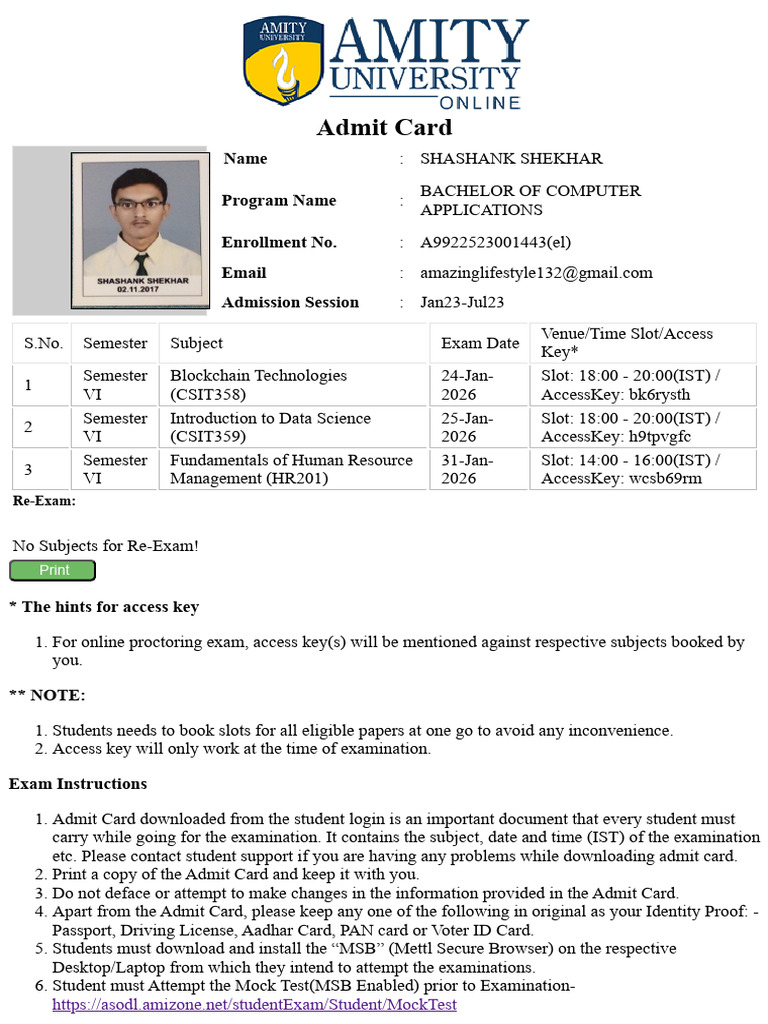 Admit Card 5th Semester | PDF | Software | Computing