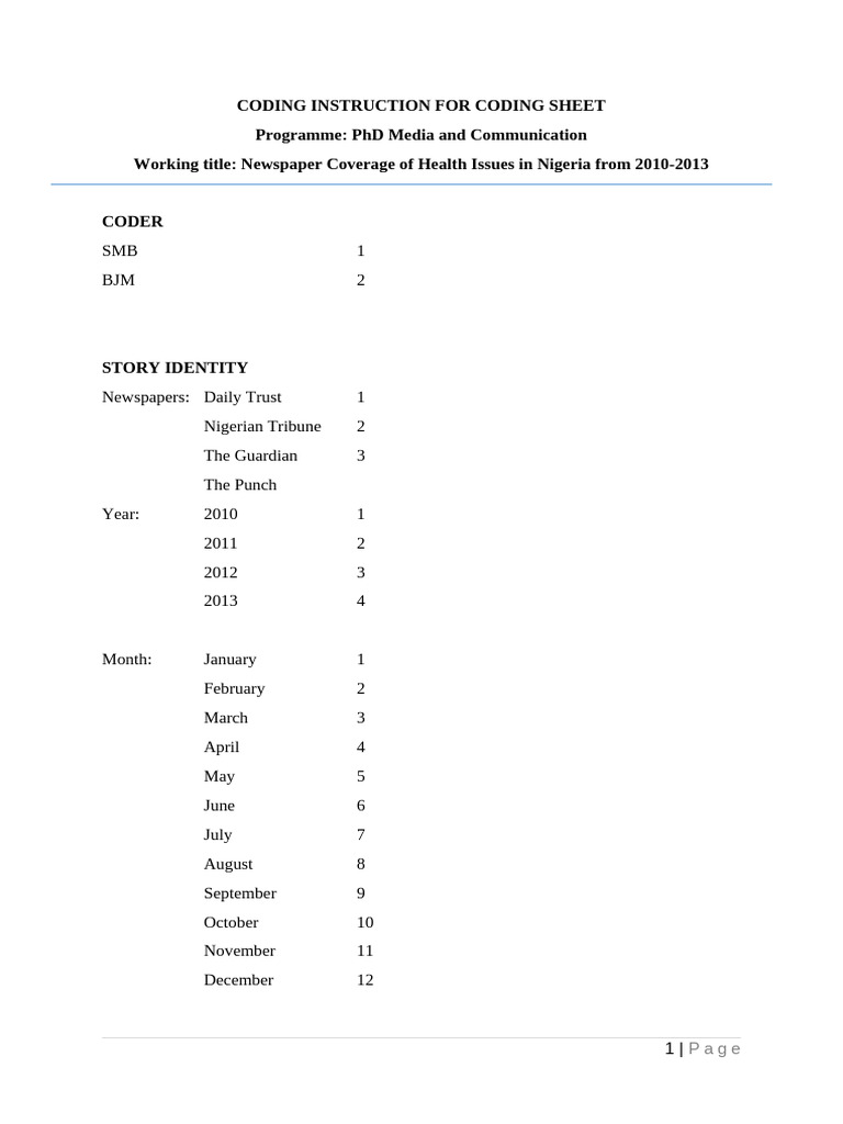 Coding Instruction For Coding Sheet | PDF | Newspapers | Infection