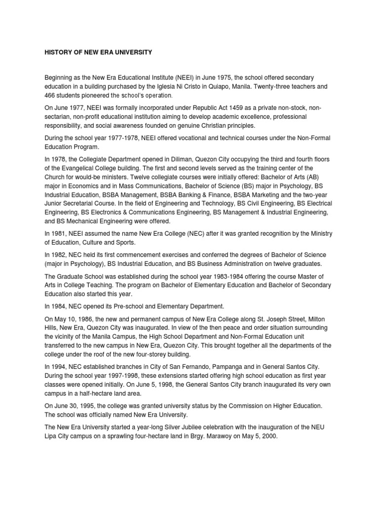 History of New Era University | PDF | Educational Stages | Academia