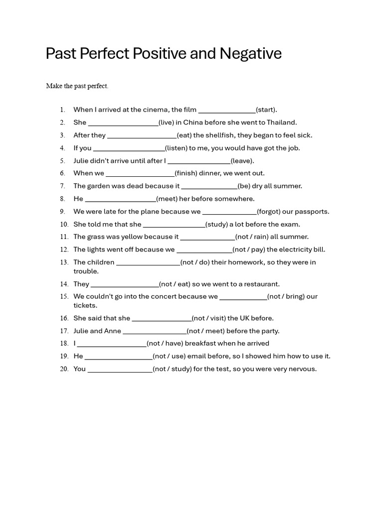Past Perfect Positive and Negative | PDF