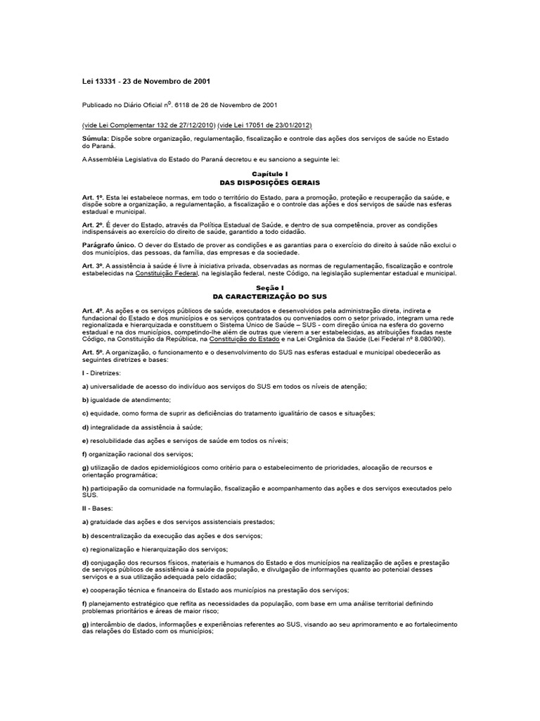 Lei Estadual Nº 13.331-2001 (Código de Saúde Do PR) | PDF | Epidemiologia | Estado