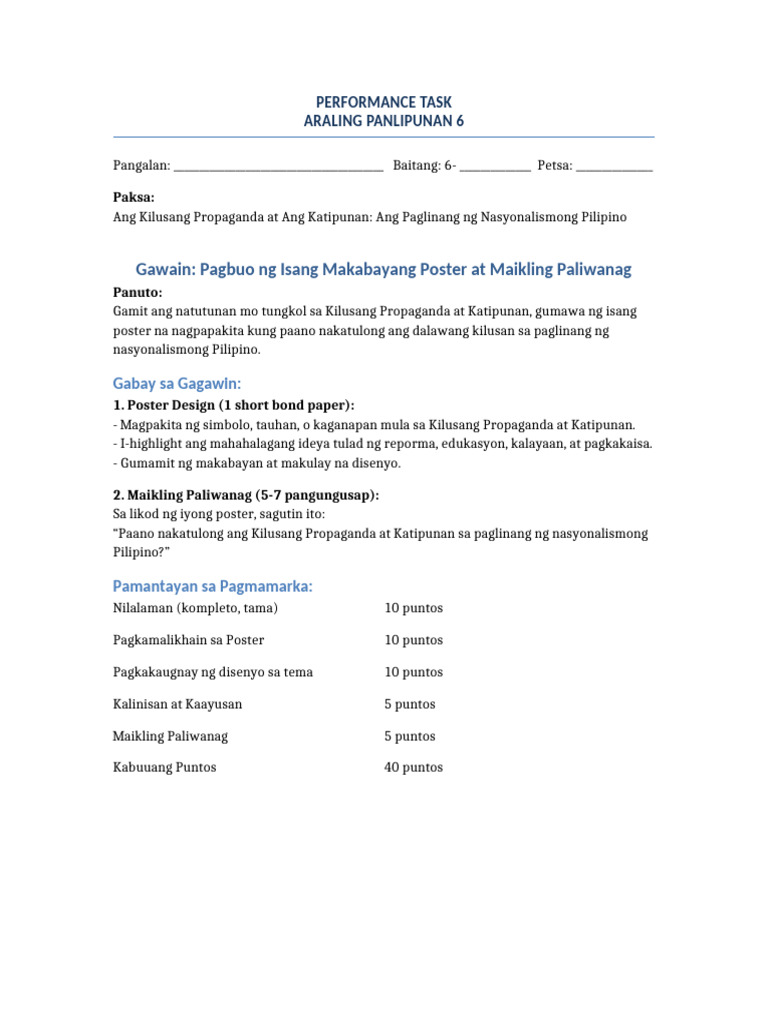 AP6 Q1 Performance Task 1 Kilusang Propaganda Katipunan | PDF