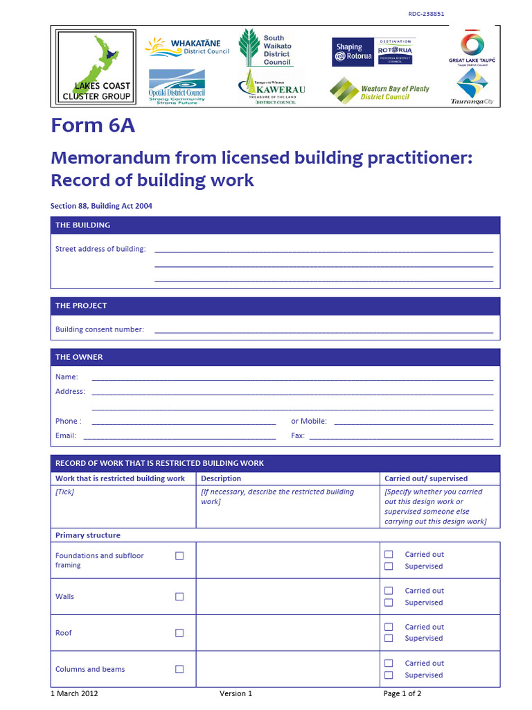 Form 6a Memorandum From Licensed Building Practitioner Record of ...