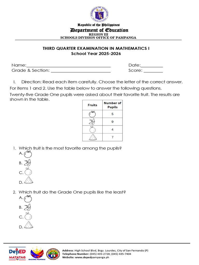 Third Quarter Examination in Mathematics 1 English | PDF