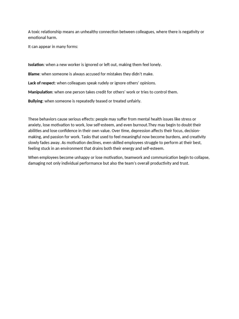 A Toxic Relationship Means an Unhealthy Connection Between Colleagues | PDF