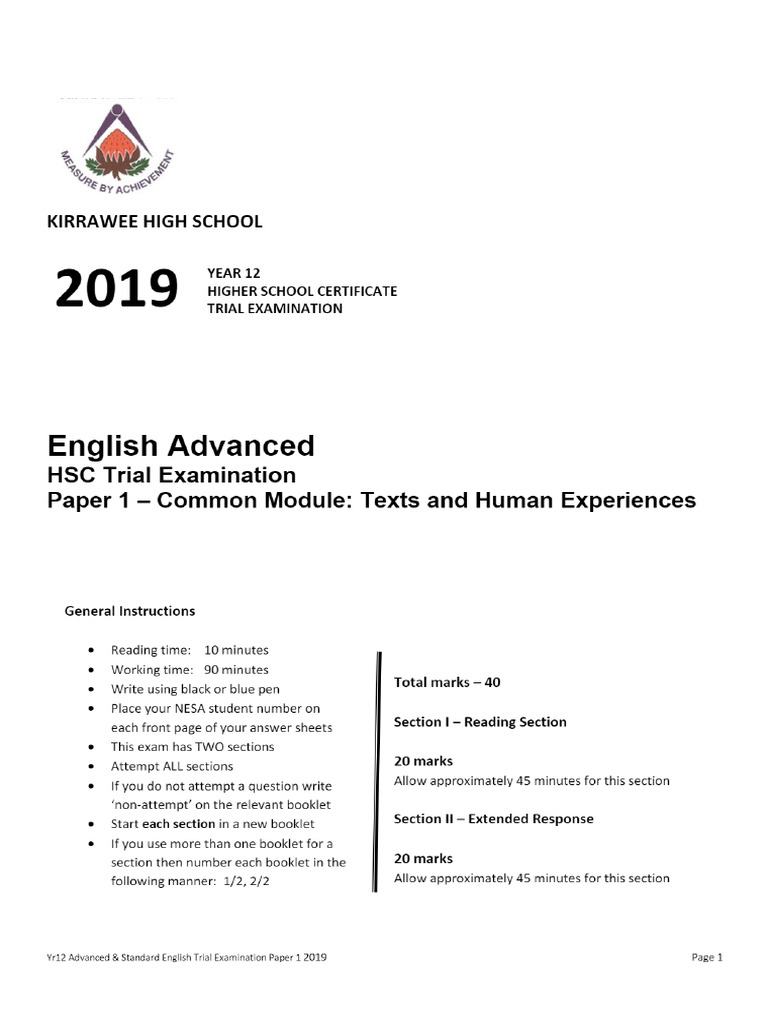 Kirrawee English Trial Paper 1 | PDF