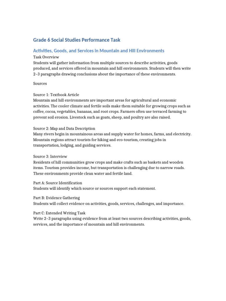 Grade 6 Mountain Hill Environment Performance Task | PDF