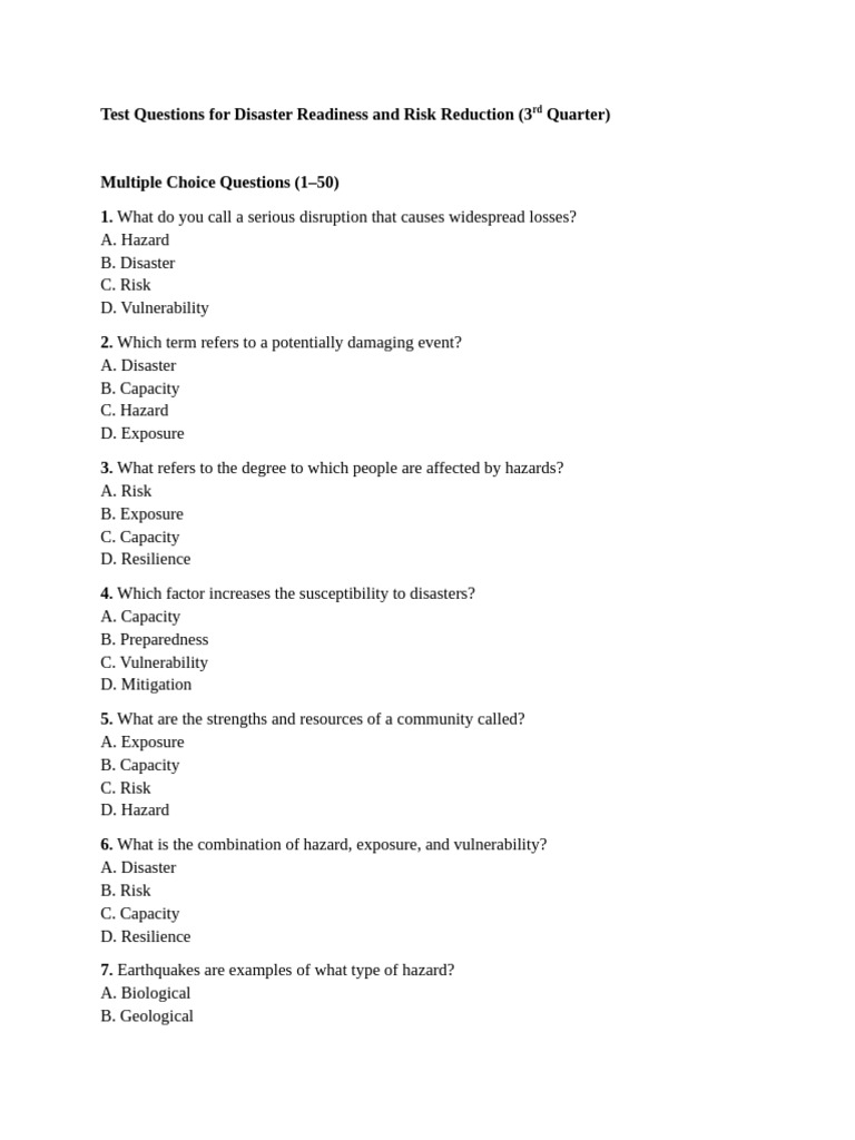 Test Questions For Disaster Readiness and Risk Reduction | PDF ...