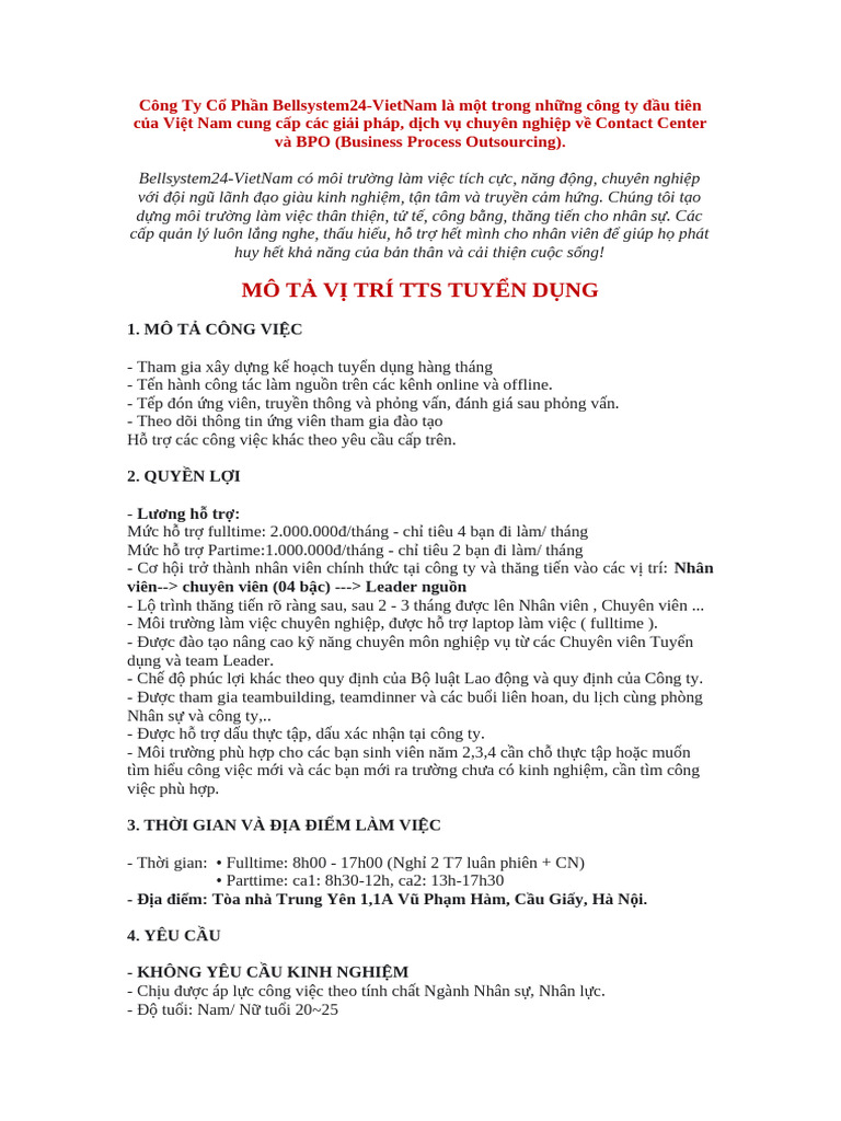 JD TTS Tuyển Dụng BSV | PDF