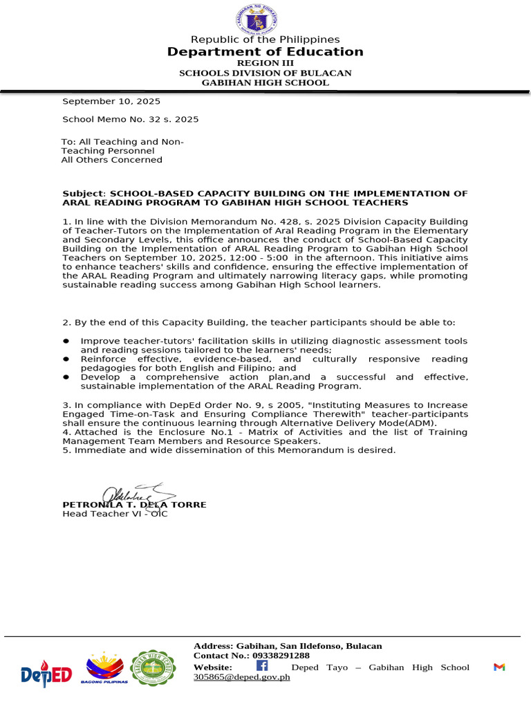 Memo - Capacity Building On ARAL Program Implementation | PDF