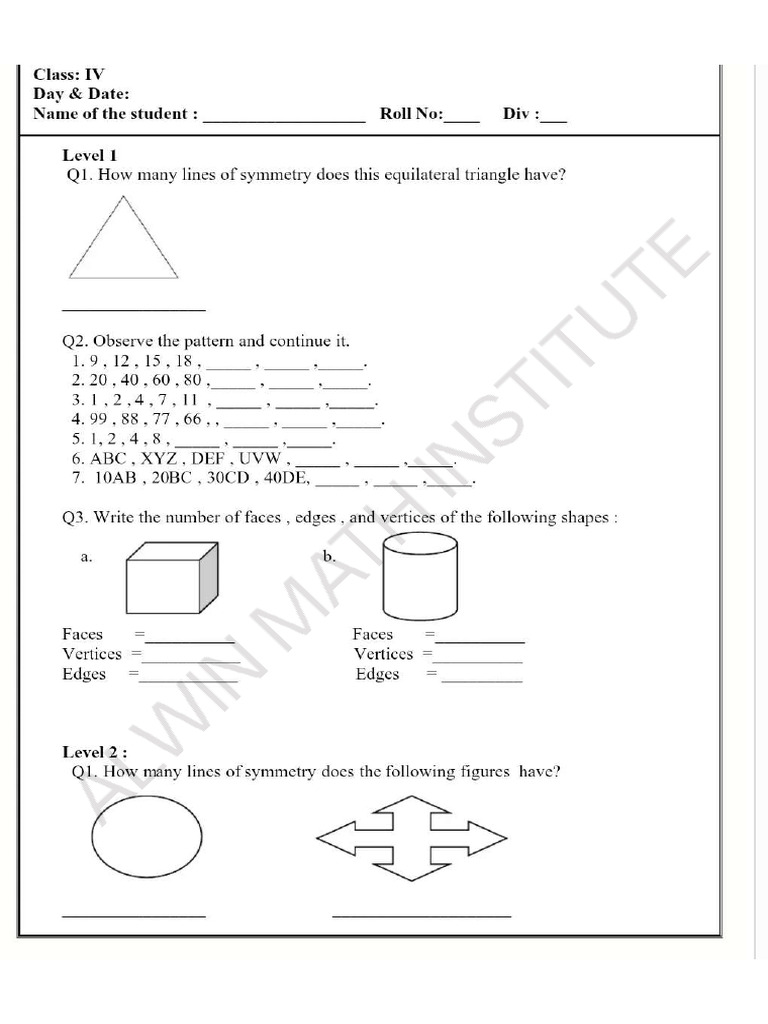Class IV Symmetry Worksheet | PDF