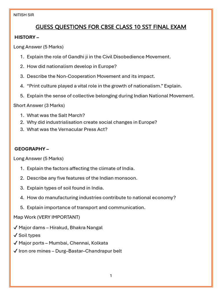 Guess Questions for Cbse Class 10 Sst-1 | PDF