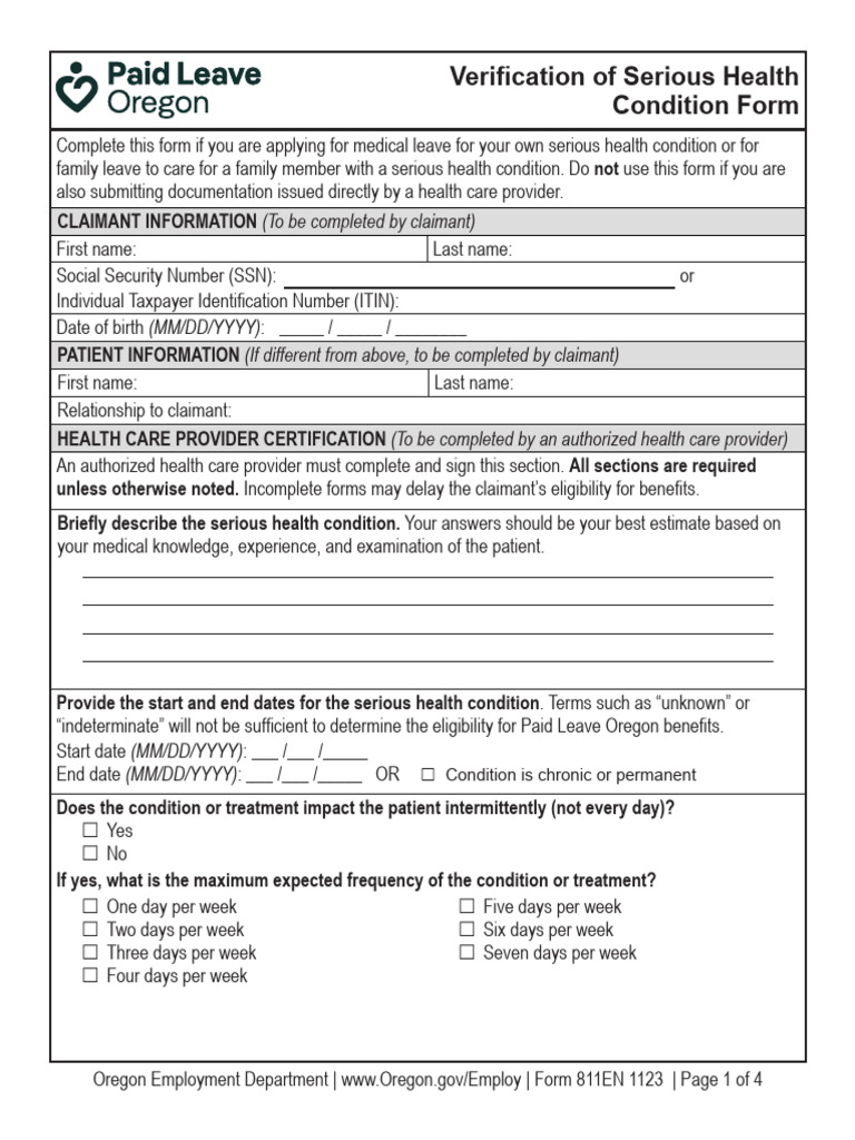 Paid Leave Oregon Verification of Serious Health Condition Form EN ...