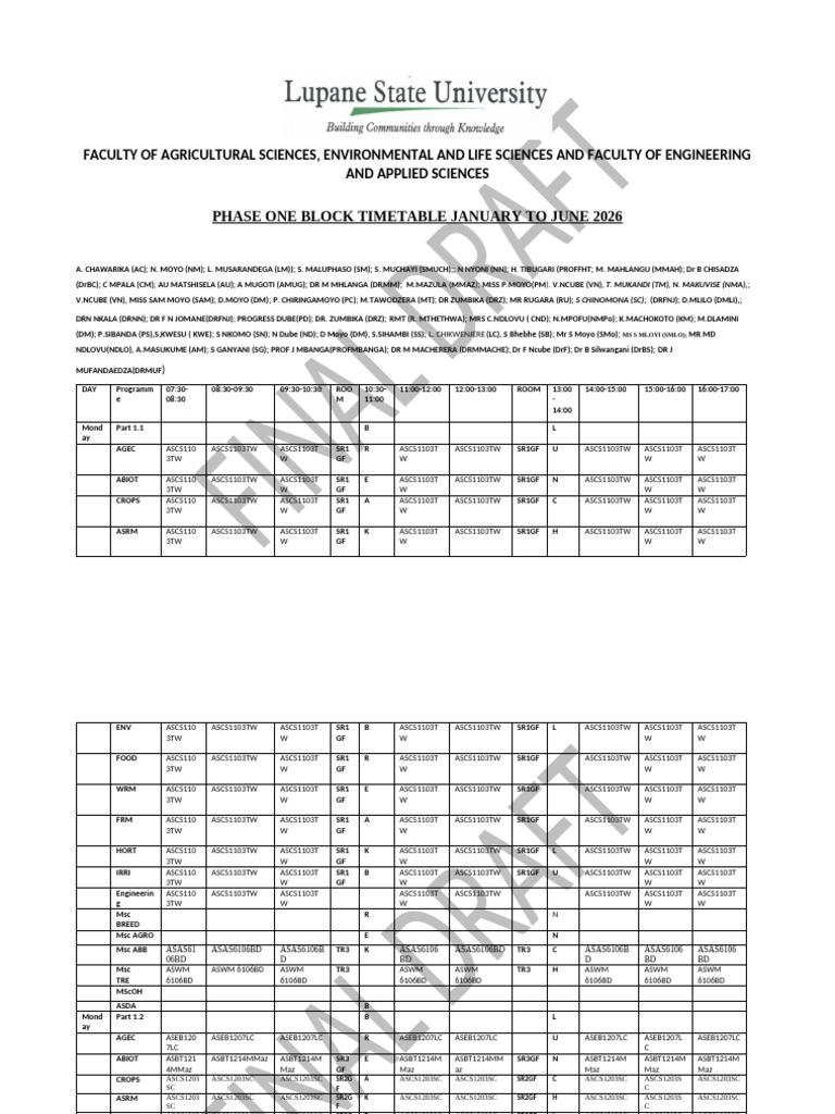 Phase One Block Timetable Final Draft 2026 | PDF