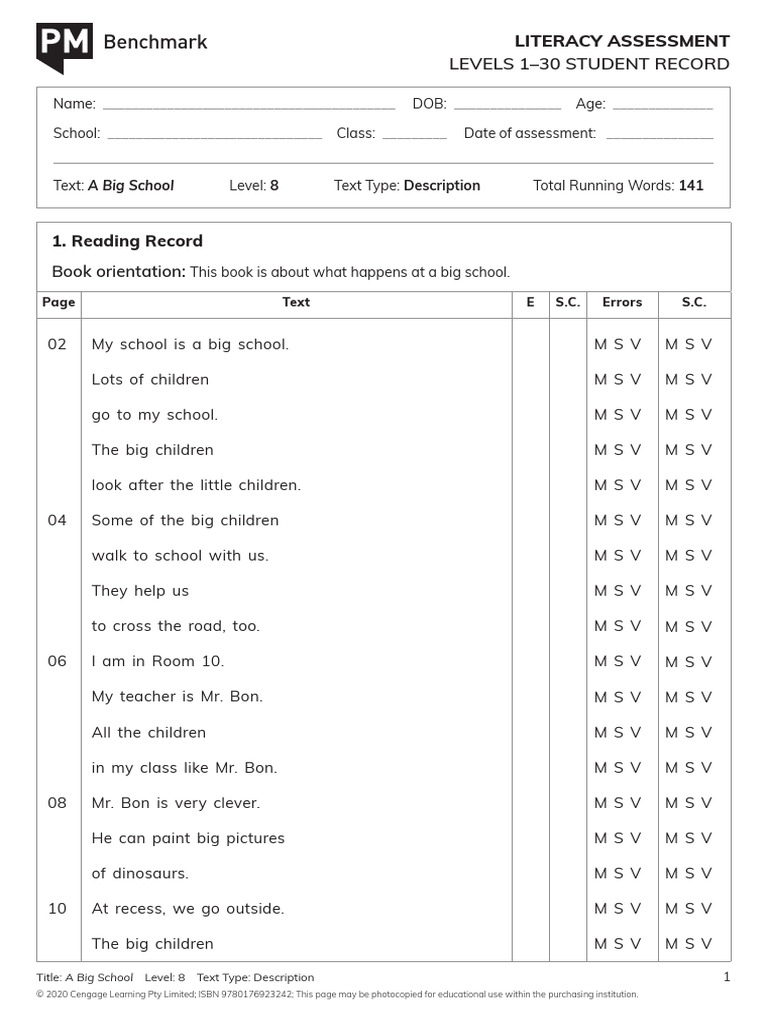 PM Benchmark Student Record Level 8 A Big School Updated Sep 2020 | PDF ...