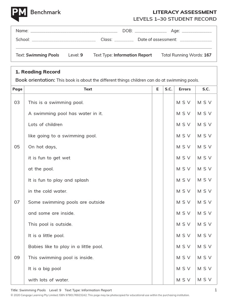 PM Benchmark Student Record Level 9 Swimming Pools Updated Sep 2020 ...