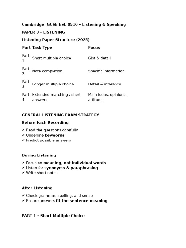 Cambridge IGCSE ESL 0510 Listening and Speaking Tips | PDF | Multiple ...